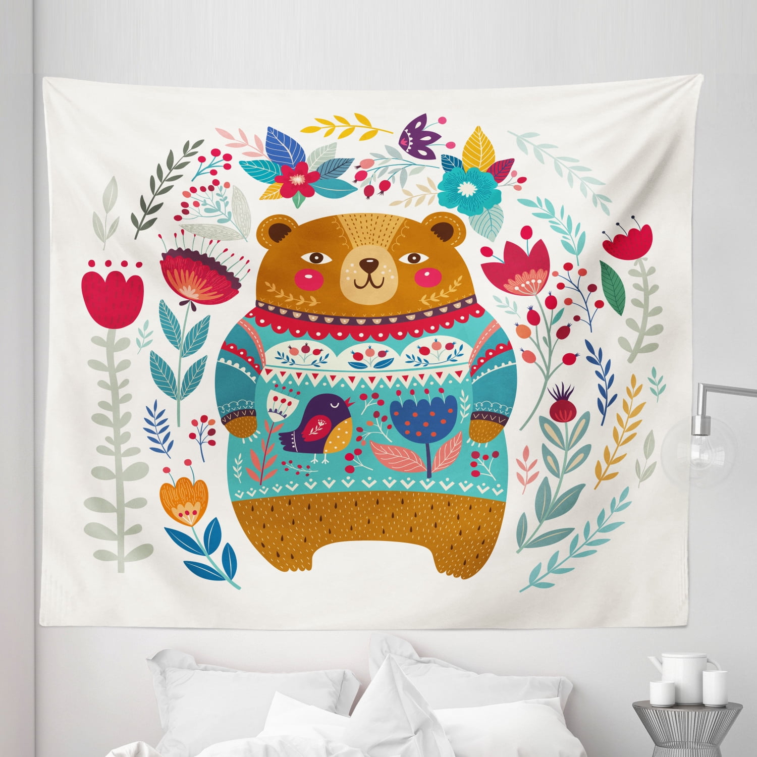 Bear Tapestry, Cartoon with Flowers and Leaves Spring Inspired ...