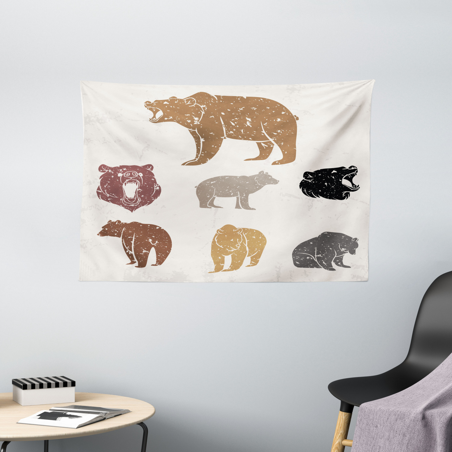 Bear Tapestry, Set of Different Bears with Grunge Design Growling ...