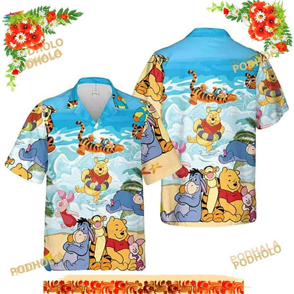 Bear The Pooh Tiger And Friend On The Cloud White Funny Hawaiian Shirt ...