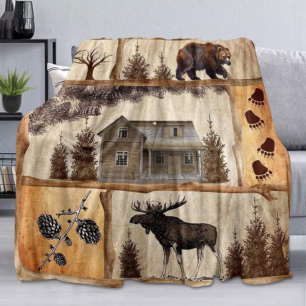 Bear Throw Blanket, Deer Moose Elk Hunting Lodge Cabin Rustic Farmhouse ...
