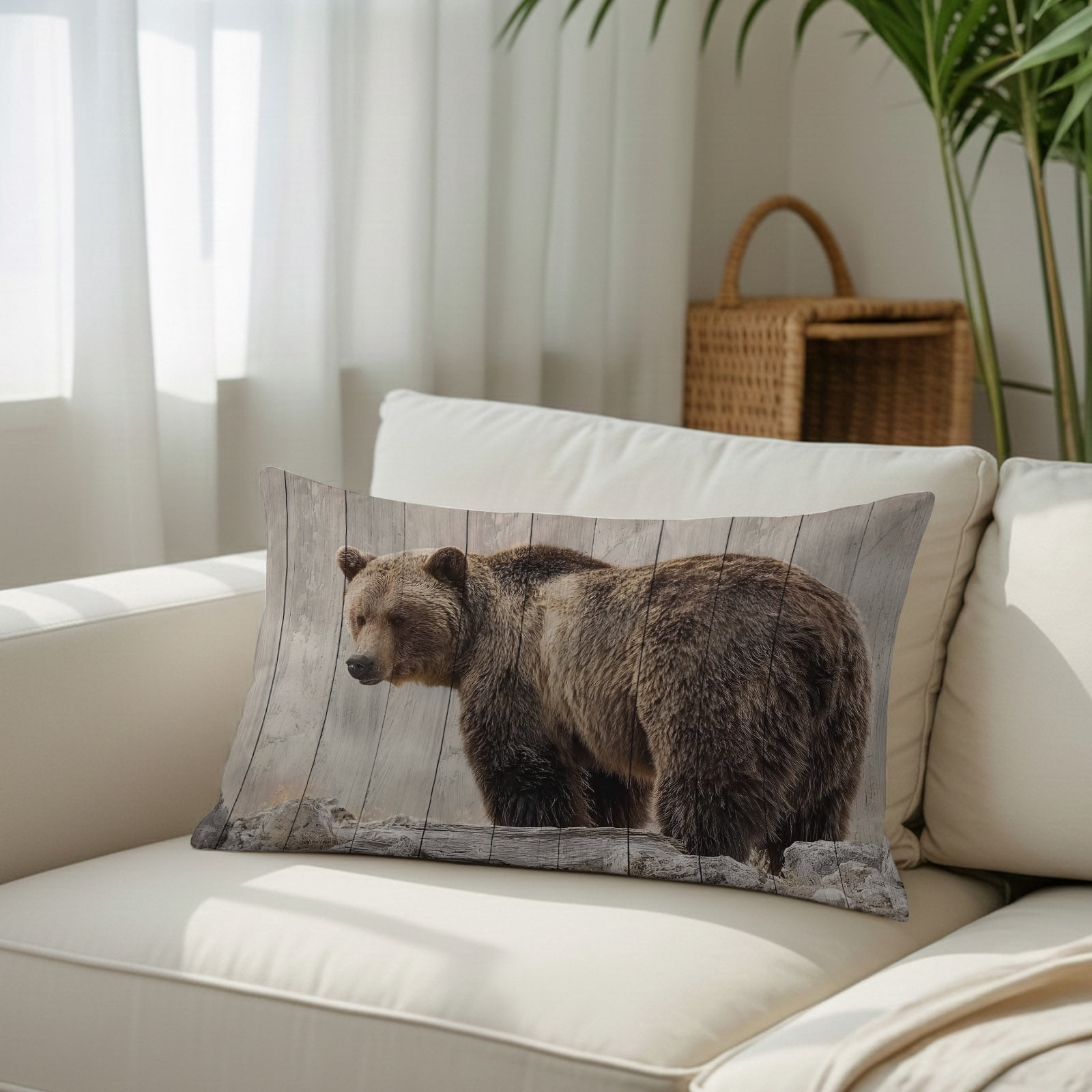 Bear Throw Pillow Covers, Farmhouse Rustic Animals Wooden Texture ...