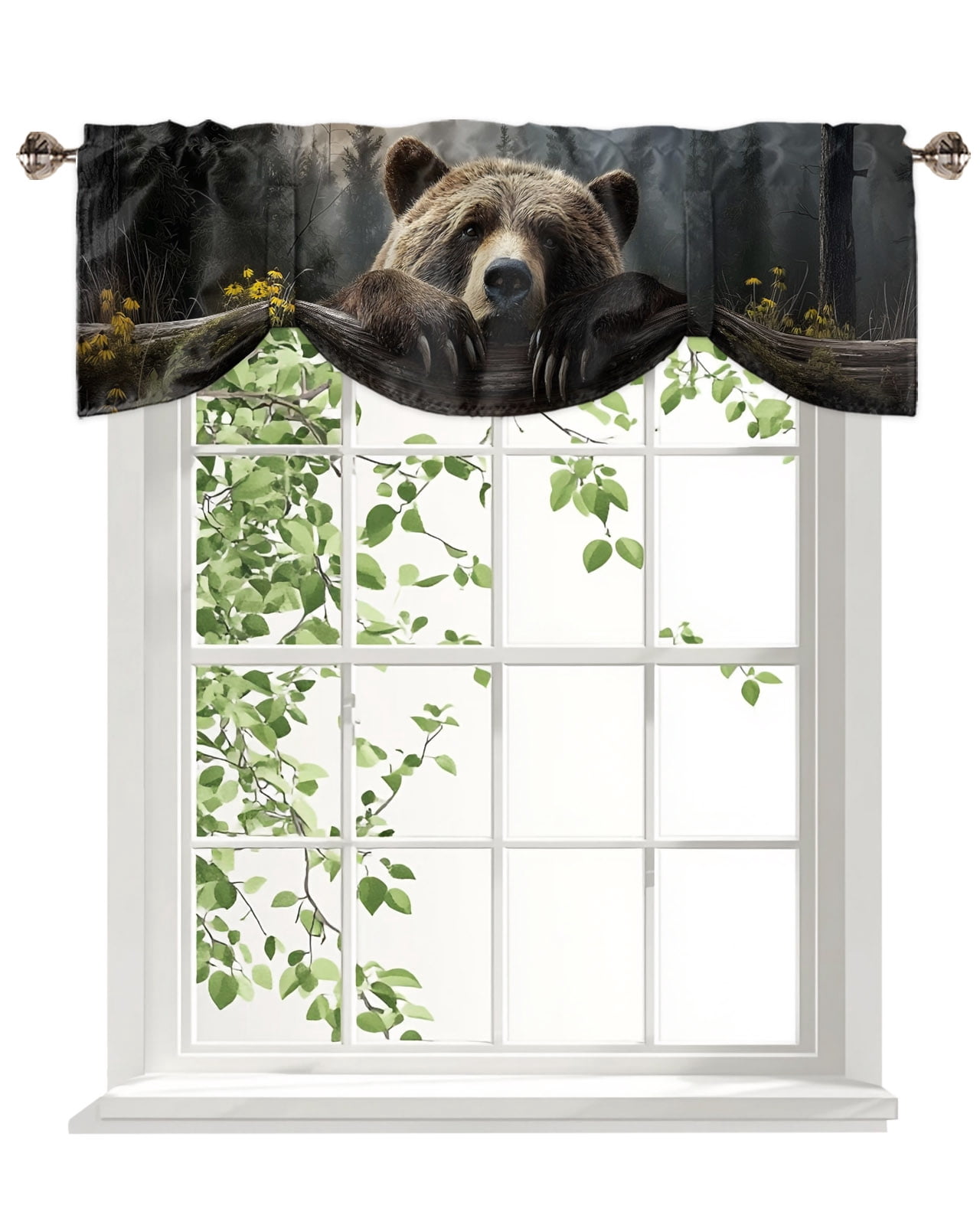 Bear Tie Up Valances Curtain, Animal Wood Fence Forest Farmhouse ...