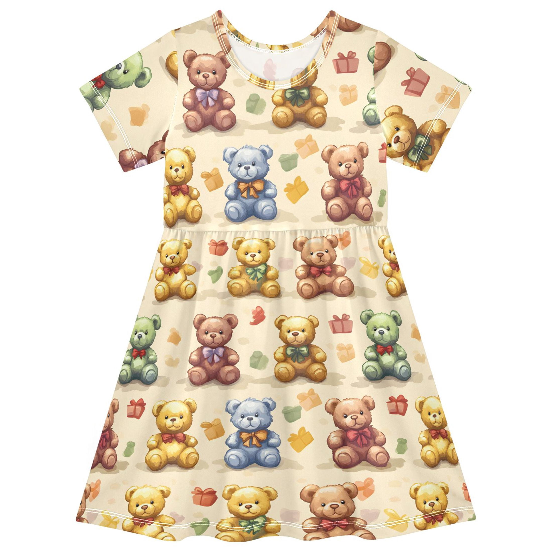 Bear Tile Color Purple Short Sleeve Dress A-Line Cute Midi Casual ...