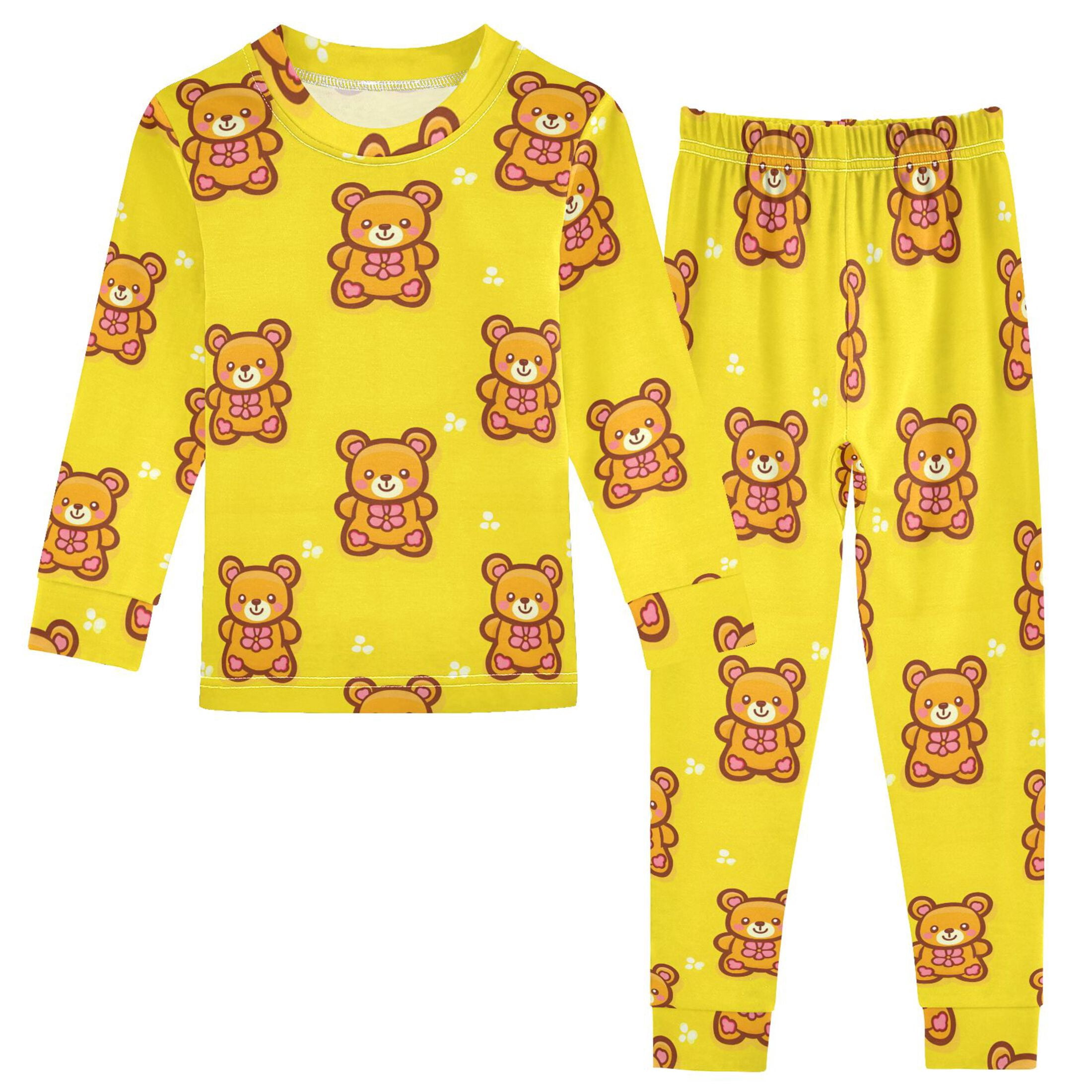 Bear Tile Yellow Pattern Cotton Pajamas 2 Piece Set Sleepwear Soft and ...