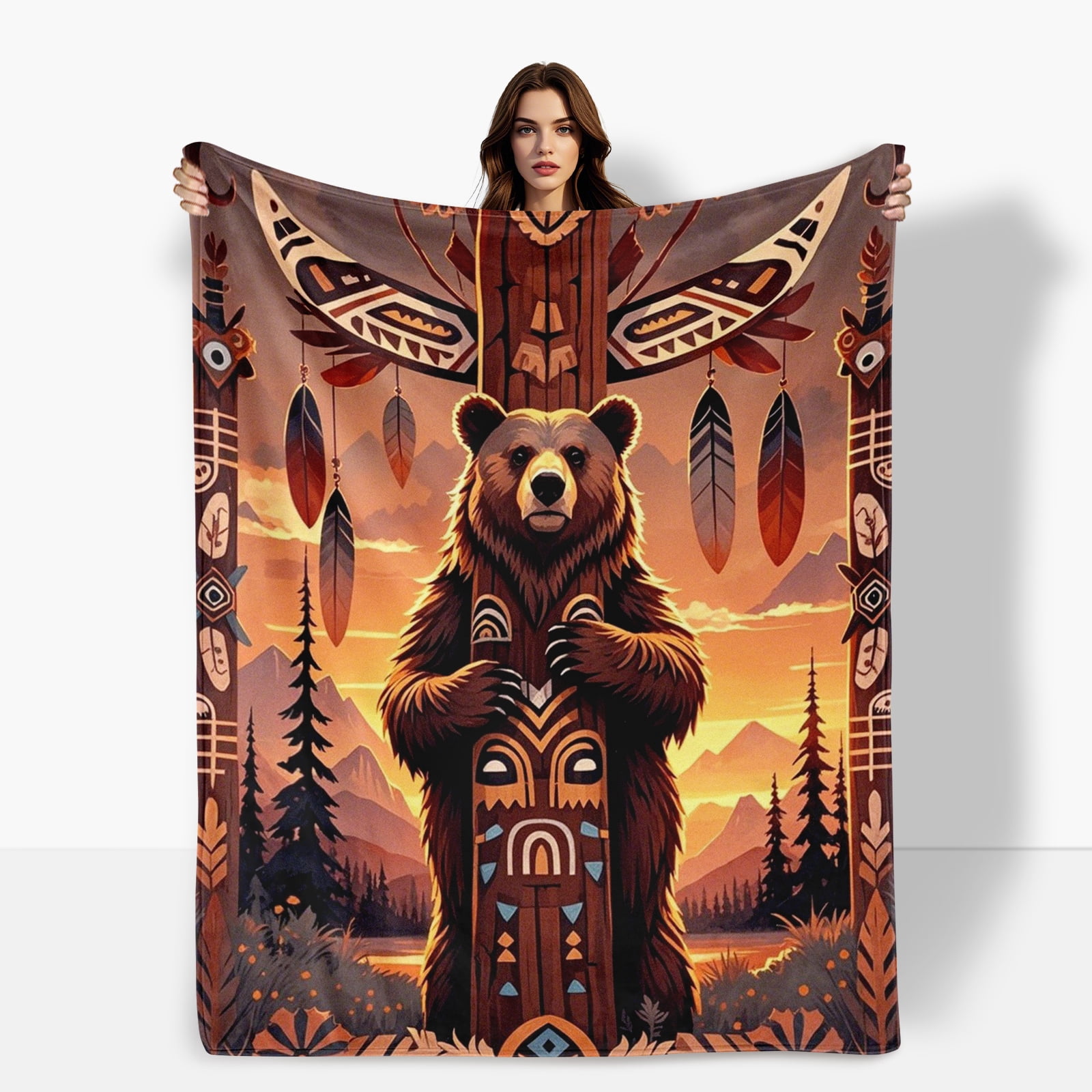 Bear Totem Pillar Design Flannel Blanket Soft Warm Comfortable For Sofa ...