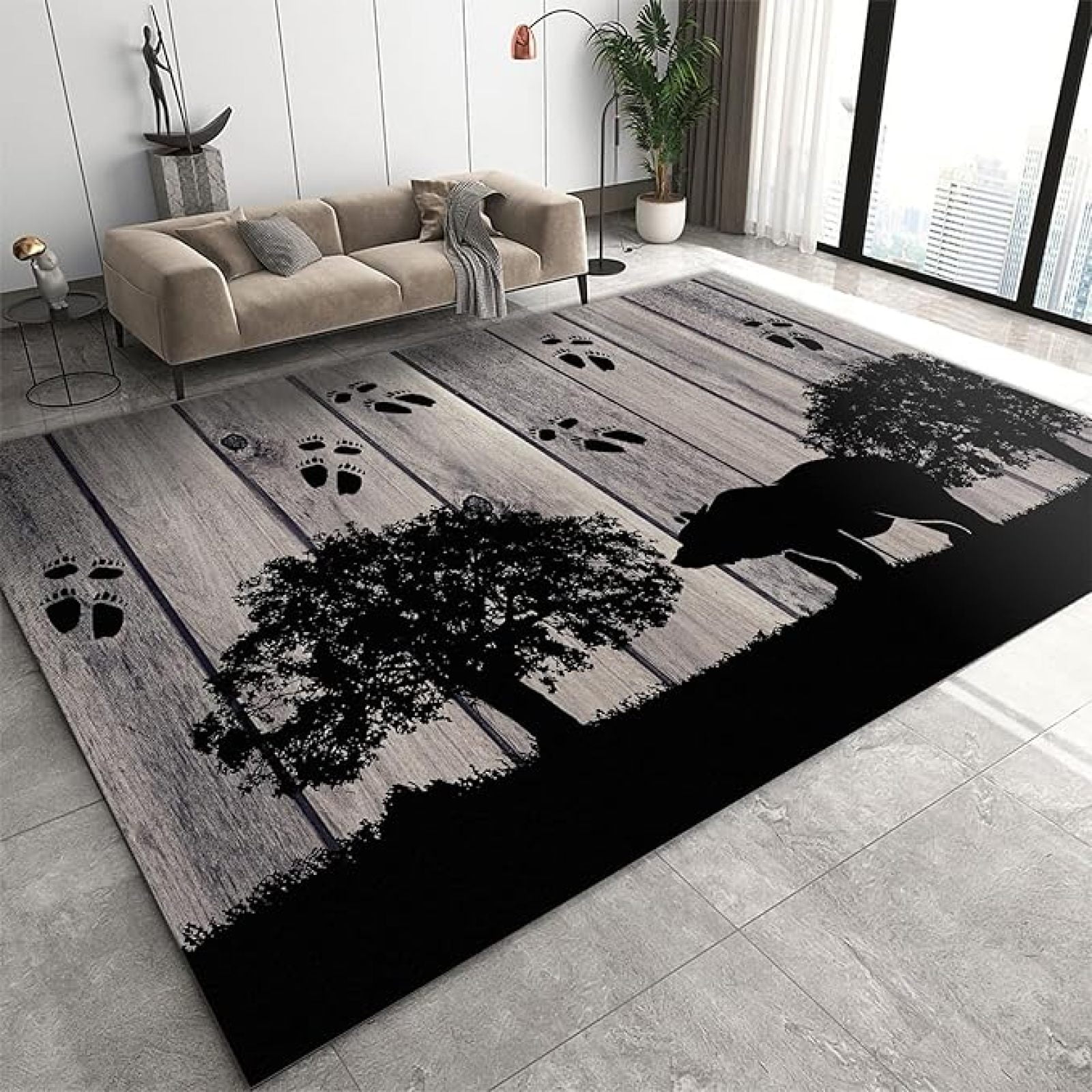 Bear Tree Silhouette Living Room Rug, Wood Stripe Country Farmhouse ...