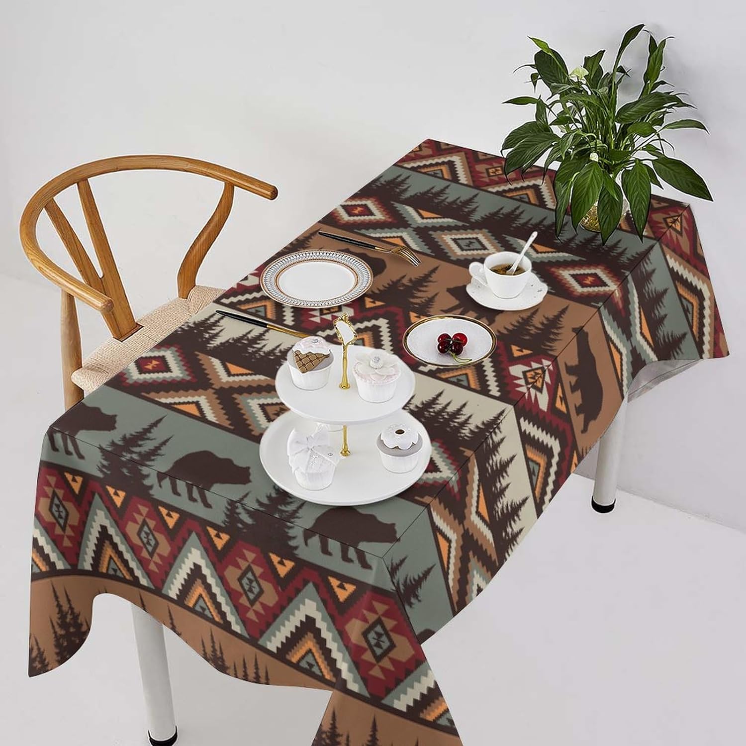 Bear Tribal Aztec Tablecloth, Rustic Fir Tree Cabin Country Lodge ...