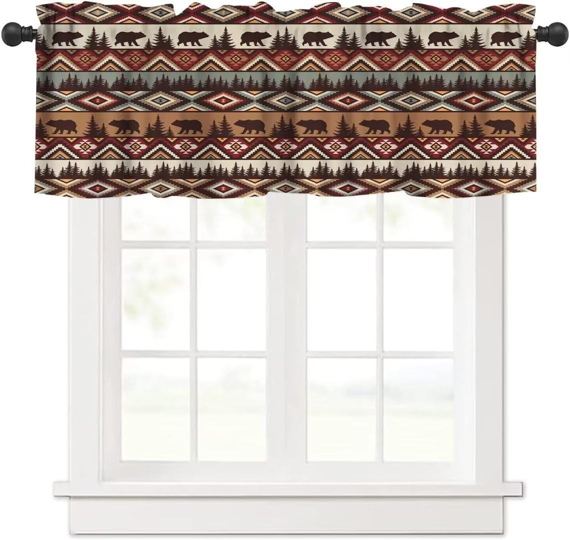 Bear Tribal Aztec Valance Curtain, Rustic Fir Tree Cabin Country Lodge ...