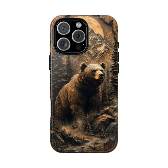 Bear UV Print Wood Carved Rustic Art Phone Case for iPhone 17 11 12 13 ...