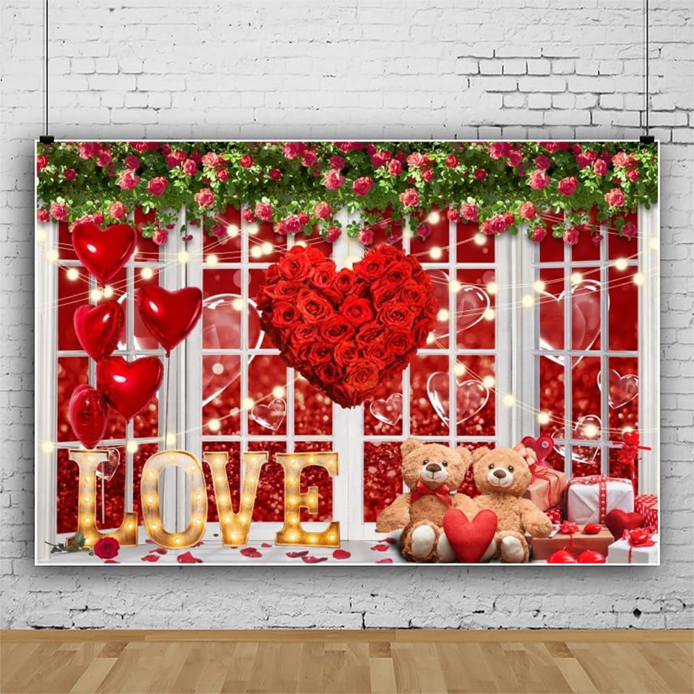 Bear Valentine Window Backdrop Red Rose Flower Romantic Hearts Ballons ...