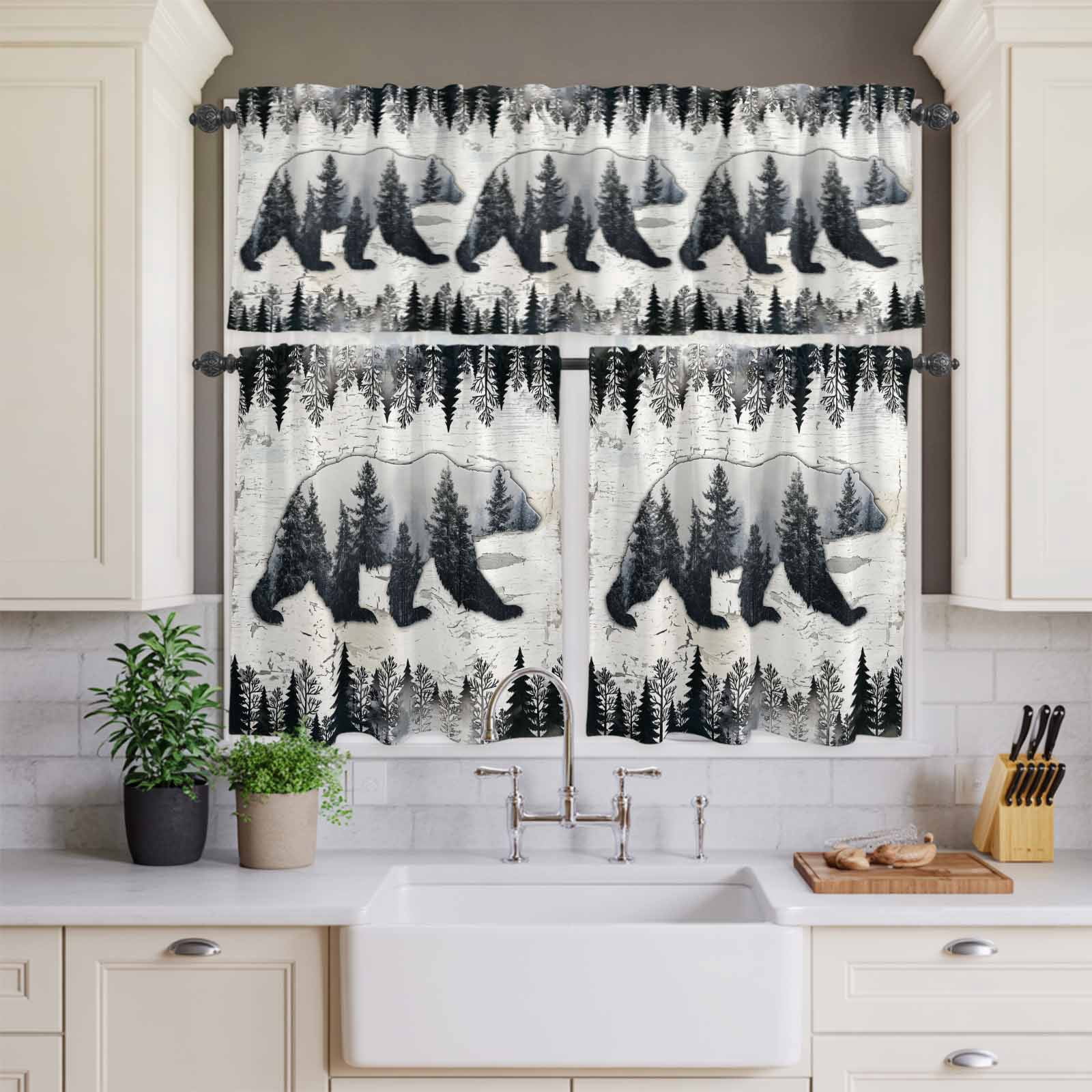 Bear Vintage Forest Pine Tree Curtain Tier and Valance Set 3 Piece ...