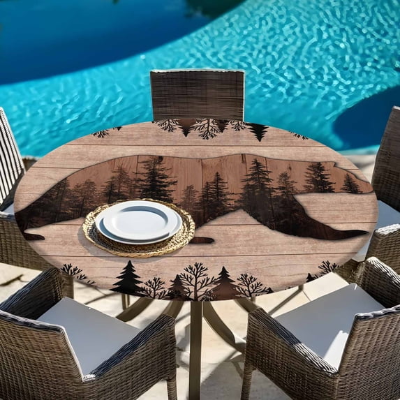 Bear Vintage Forest Pine Tree Round Fitted Tablecloth with Elastic Edge ...