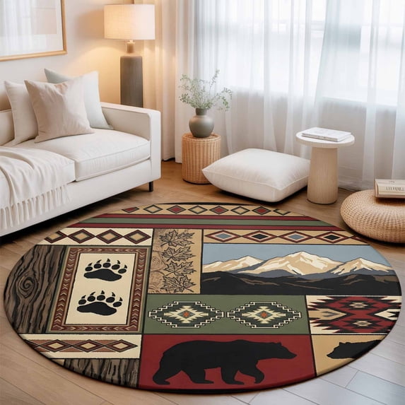 Bear Vintage Tribal Geometric Round Rug 5ft Abstract Southwest Ethnic ...