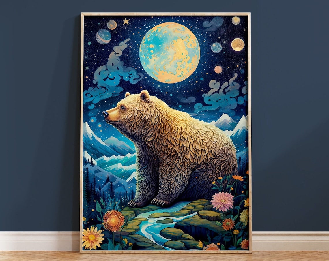 Bear Wall Art Print Abstract Boho Housewarming Gift For Animal Lover Nature Grizzly Brown Moon ...