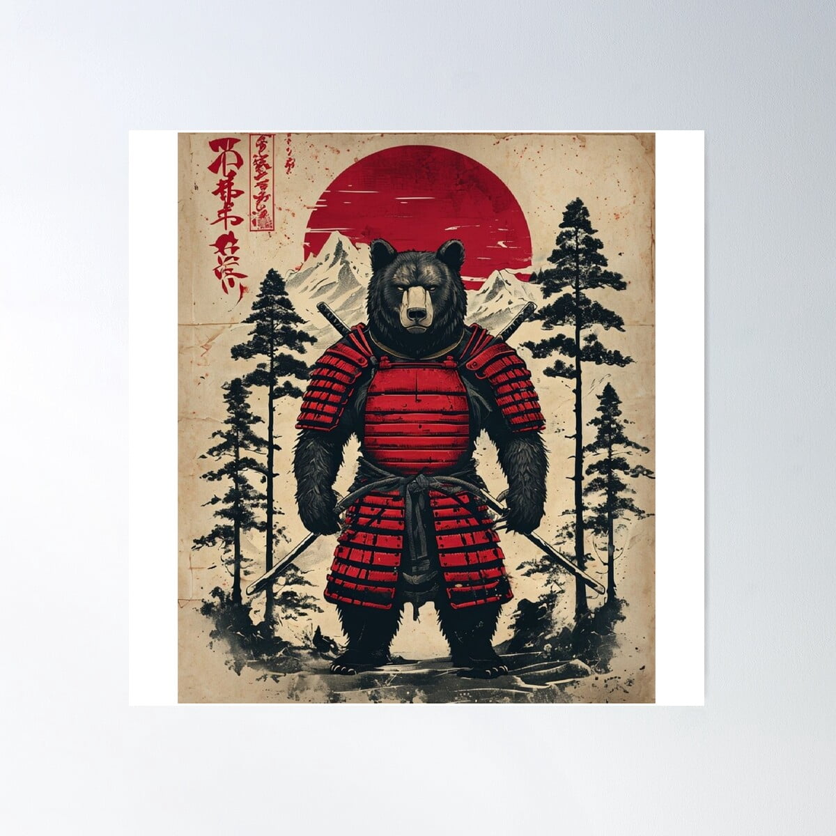 Bear Warrior In Red Samurai Armor Against Dramatic Landscape (1) Poster ...