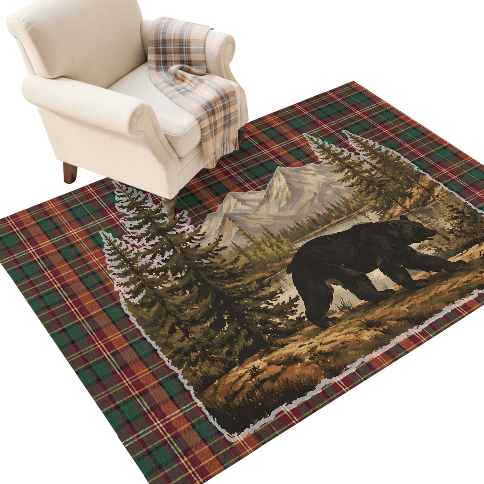 Bear Washable Area Rug 3 x 5 ft Rustic Farmhouse Brown Mountain Pine ...