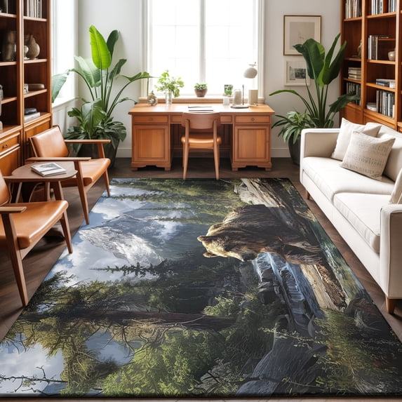 Bear Washable Area Rug 4 x 6 ft Animal Snow Mountain Nature Pine Forest ...