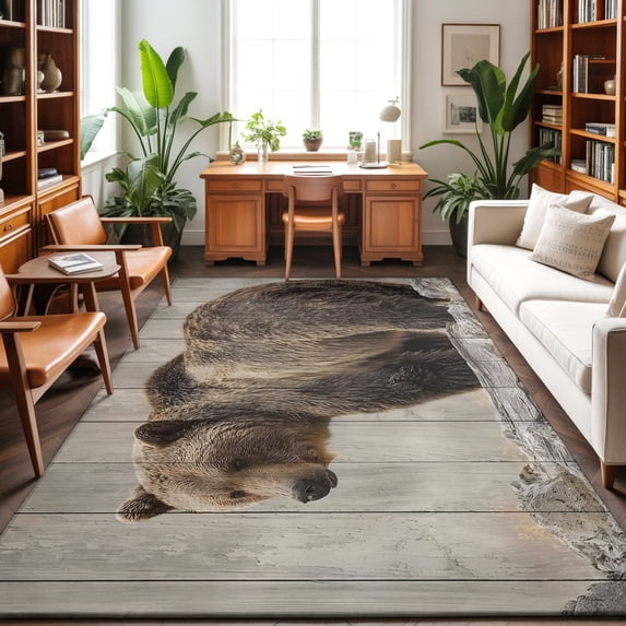 Bear Washable Area Rug 4 x 6 ft Farmhouse Rustic Animals Wooden Texture ...