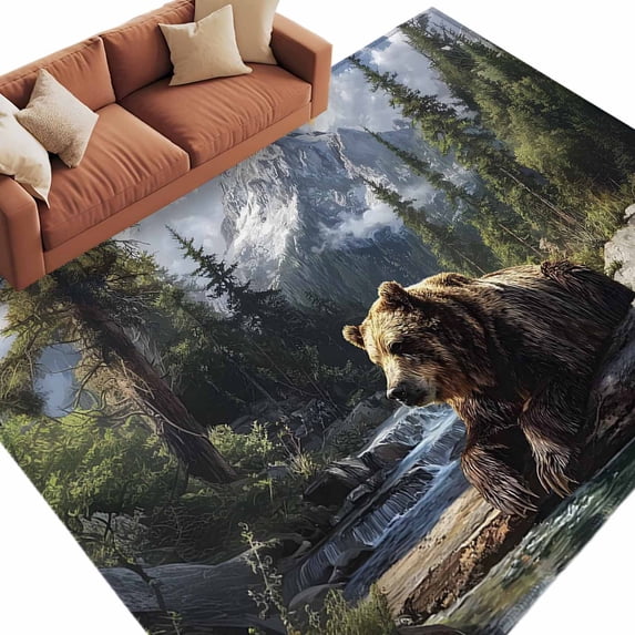 Bear Washable Living Room Rugs 5'x8', Animal Snow Mountain Nature Pine ...