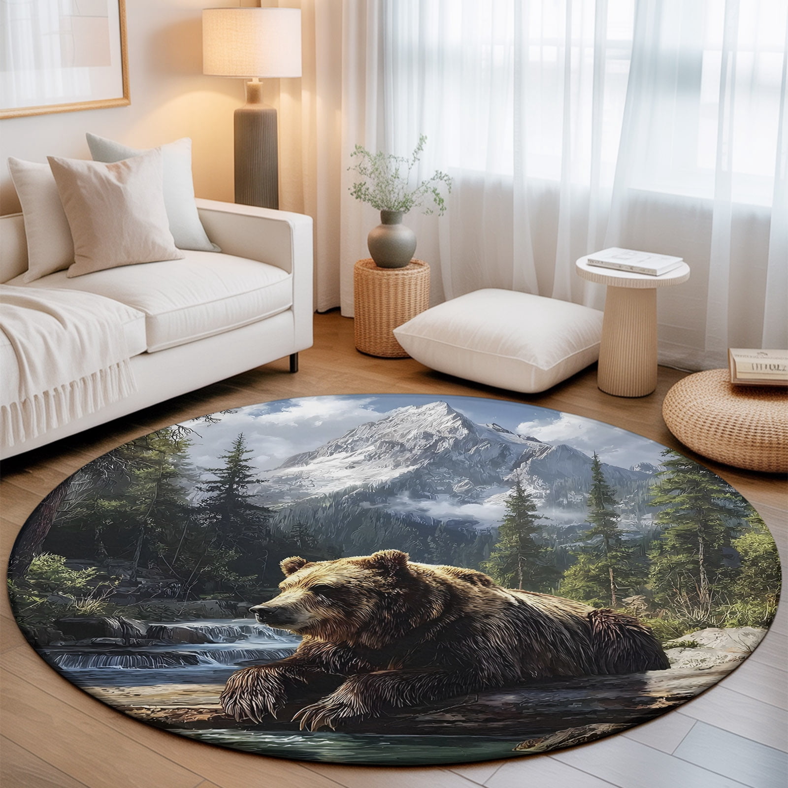 Bear Washable Round Area Rug 3 ft, Animal Snow Mountain Nature Pine ...