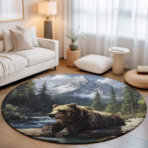 Bear Washable Round Area Rug 3 ft, Animal Snow Mountain Nature Pine ...