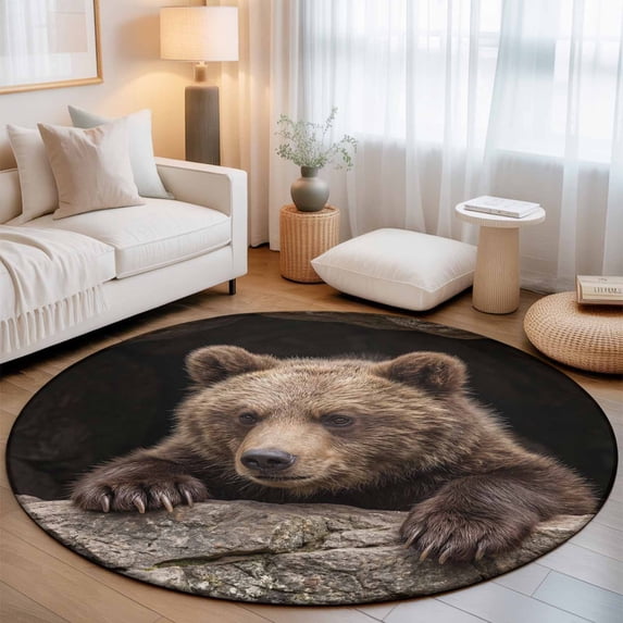 Bear Washable Round Area Rug 7 ft, Country Rustic Natural Forest Rock ...