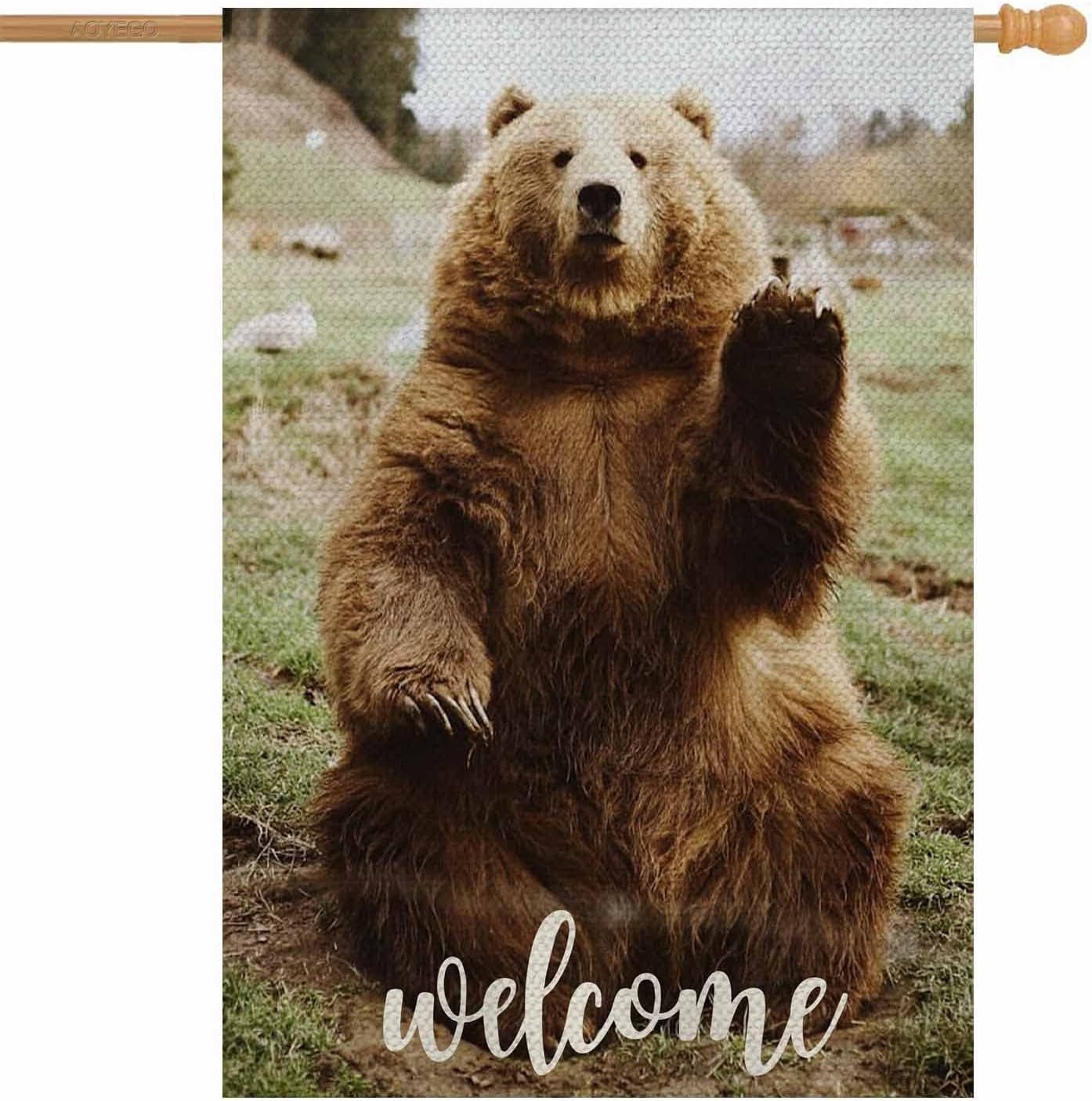 Bear Welcome House Flag Vertical Double Sided Burlap Funny Bear Say ...