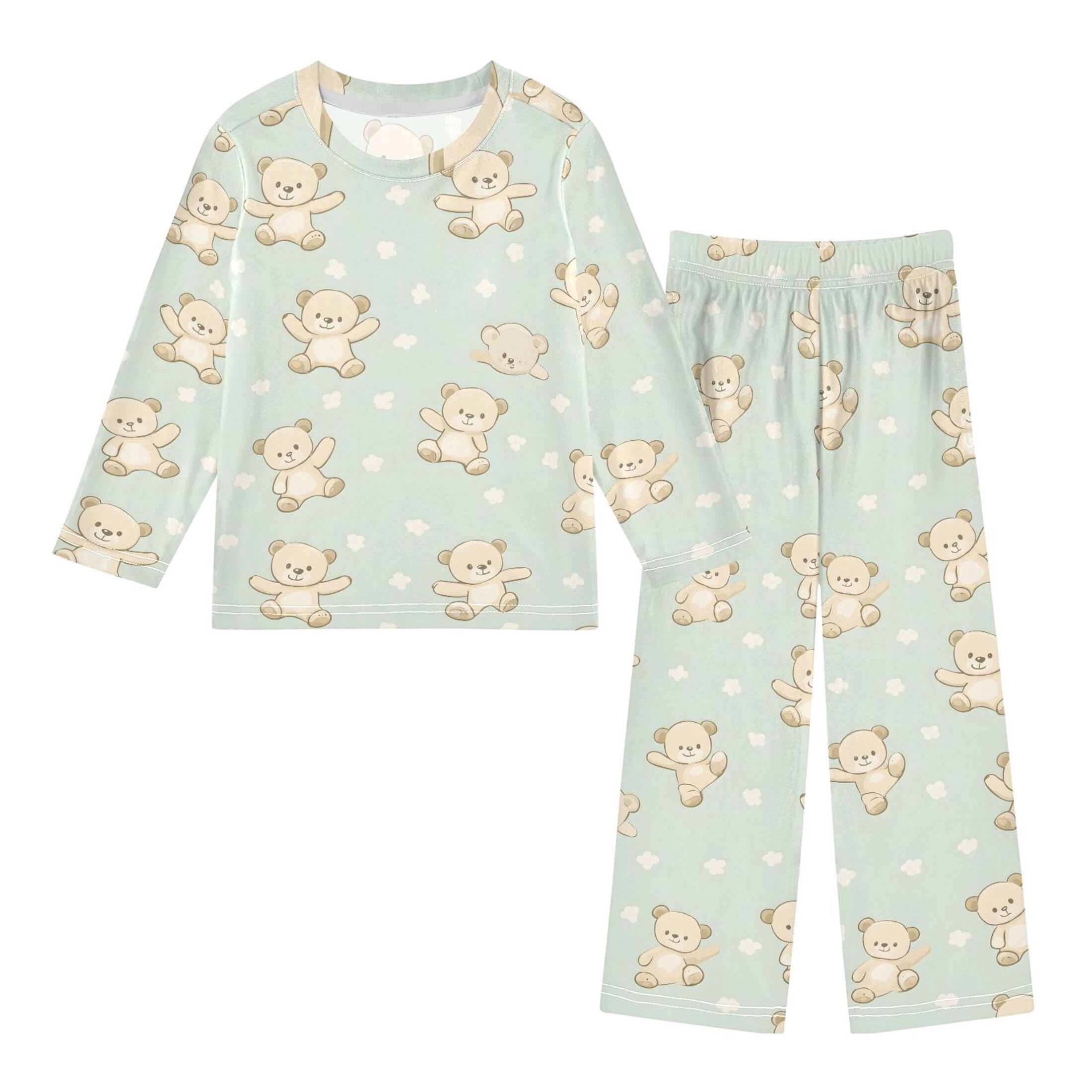 Bear White Flower Cozy Soft Long Sleeves Top and Pants 2 Piece Cool Pjs ...