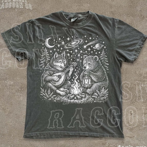 Bear Wolf Campfire Tee Wildlife Shirt Retro Forest Graphic Tee ...
