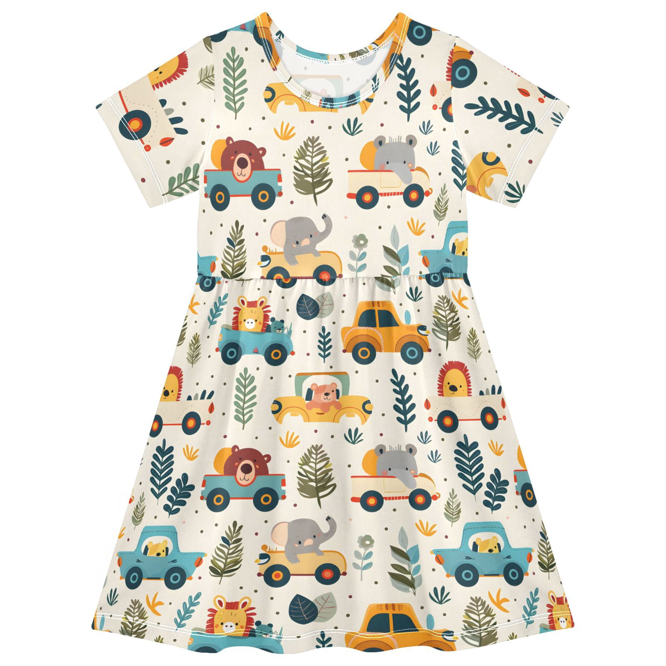 Bear and Car Short Sleeve Dress A-Line Cute Midi Casual Sundress 2-8 ...