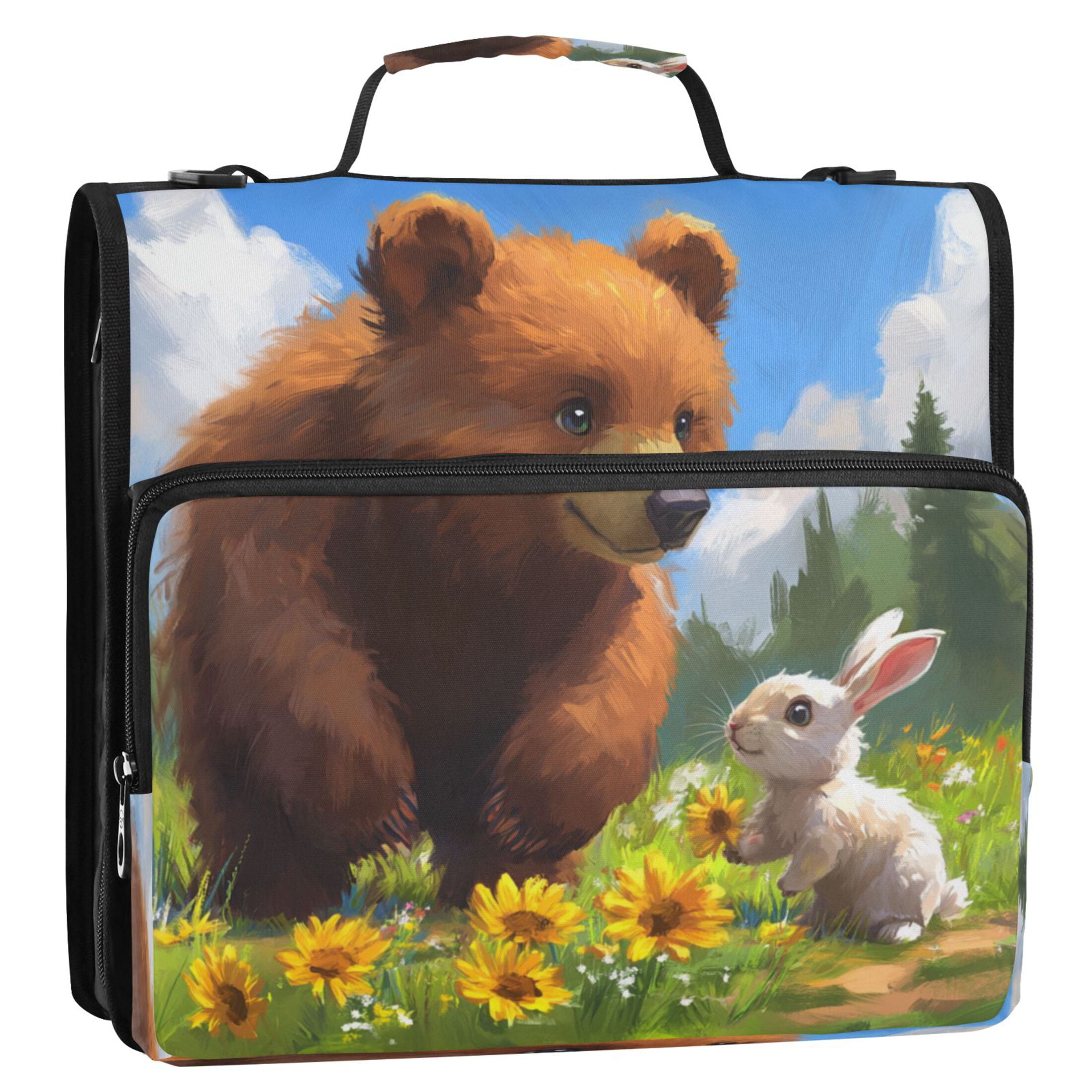 Bear and Rabbit Stripes Lines Zipper Binder Bag 3 Ring Binder Bag,Large ...