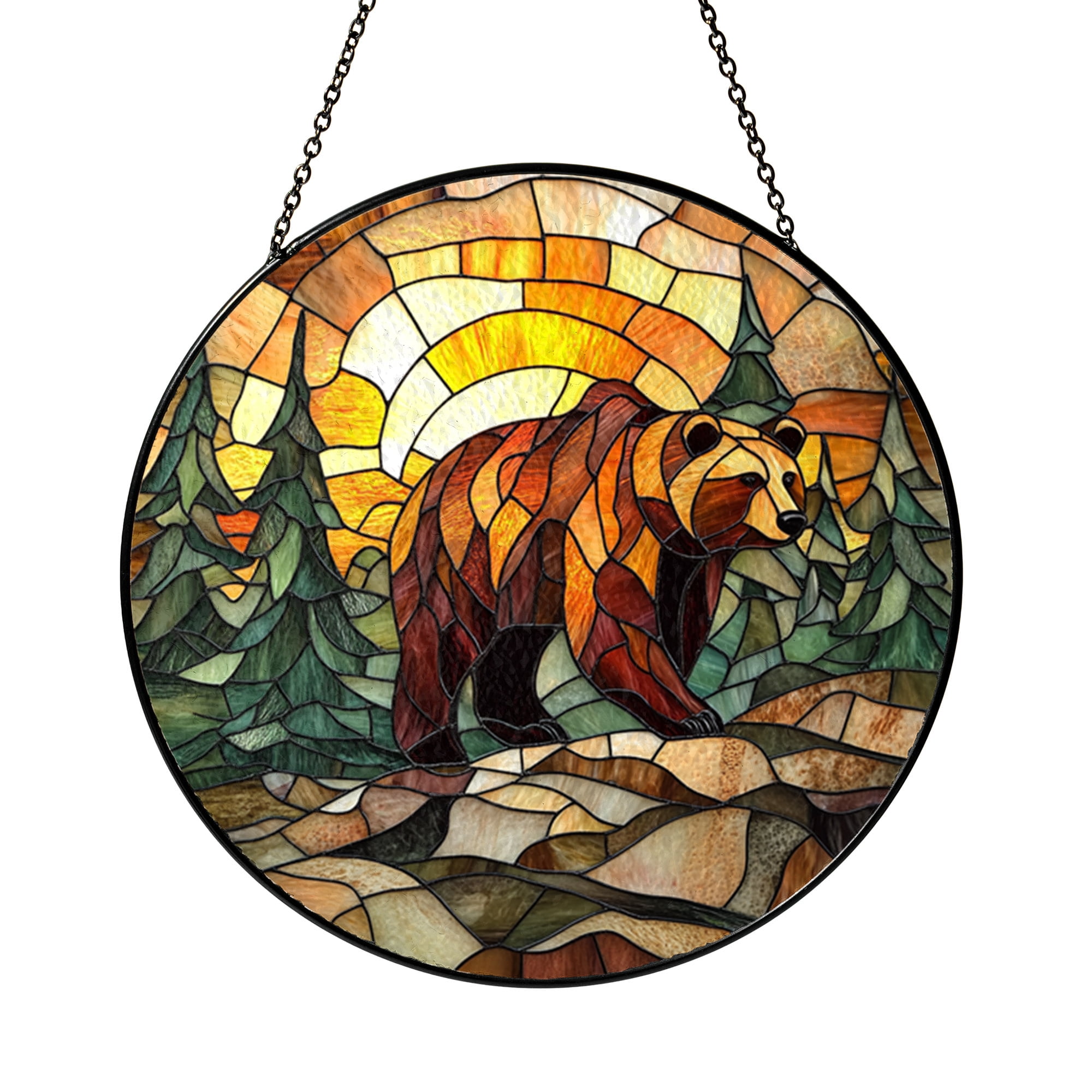 Bear stained glass pattern, forest scene DIY suncatcher template for ...