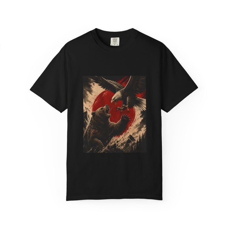 Bear vs Eagle Graphic T-Shirt, Retro Red Sun Wildlife Tee, Vintage ...