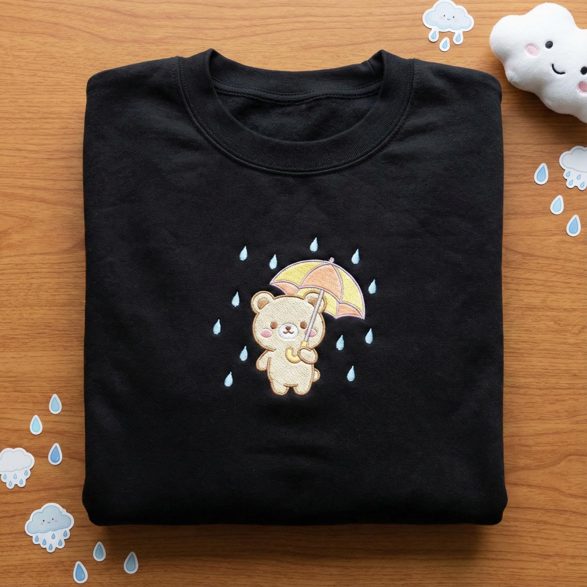 Bear with Umbrella Embroidered Sweatshirt, Cute Animal Hoodie, Rainy ...