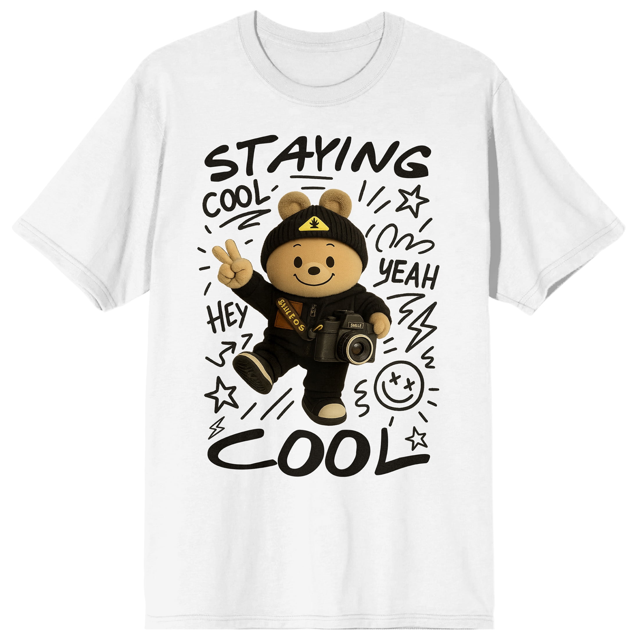 Bear with camera Graffiti text and symbols Staying Cool on White Ground ...