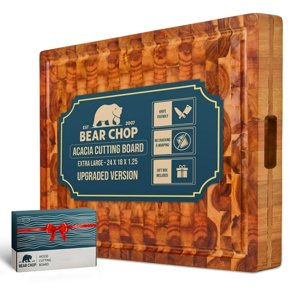 Bearchop Acacia Wood Cutting Board for Kitchen, Butcher Block with 4 ...