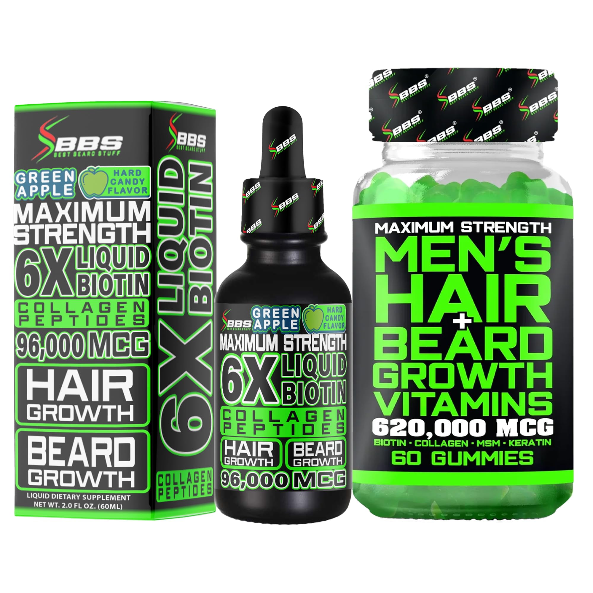 Beard Growth Kit w/ 6X Liquid BIOTIN Supplement with Collagen Peptides ...