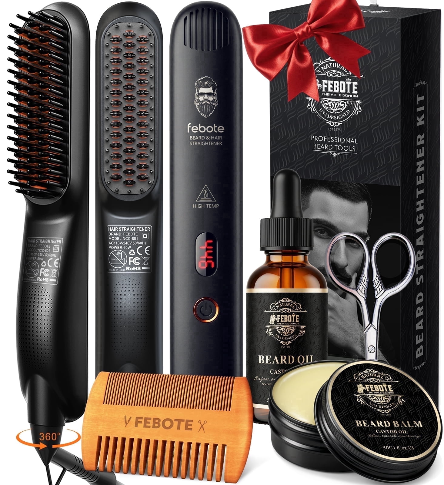 Febote Beard Straightener Kit for Men, Heated Ceramic Beard ...