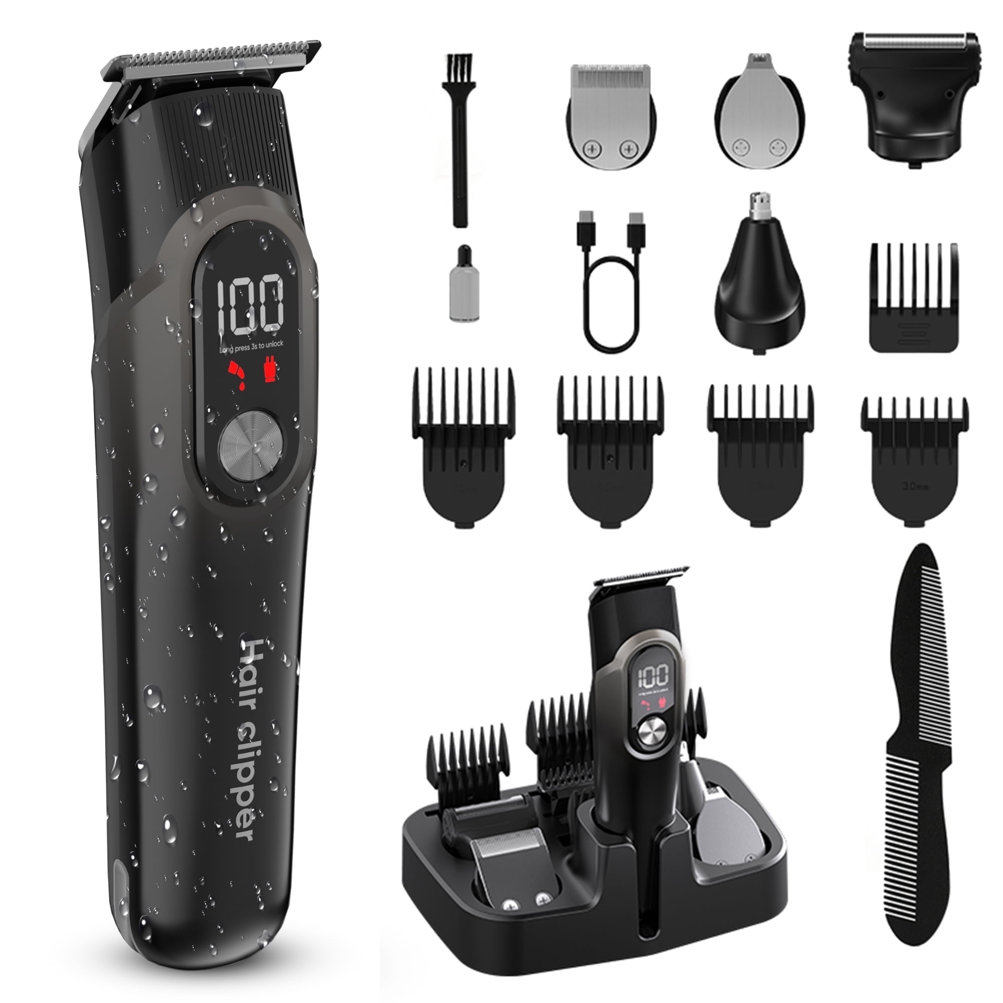 Waterproof Electric Beard Trimmer for Men, Cordless Hair Clippers ...
