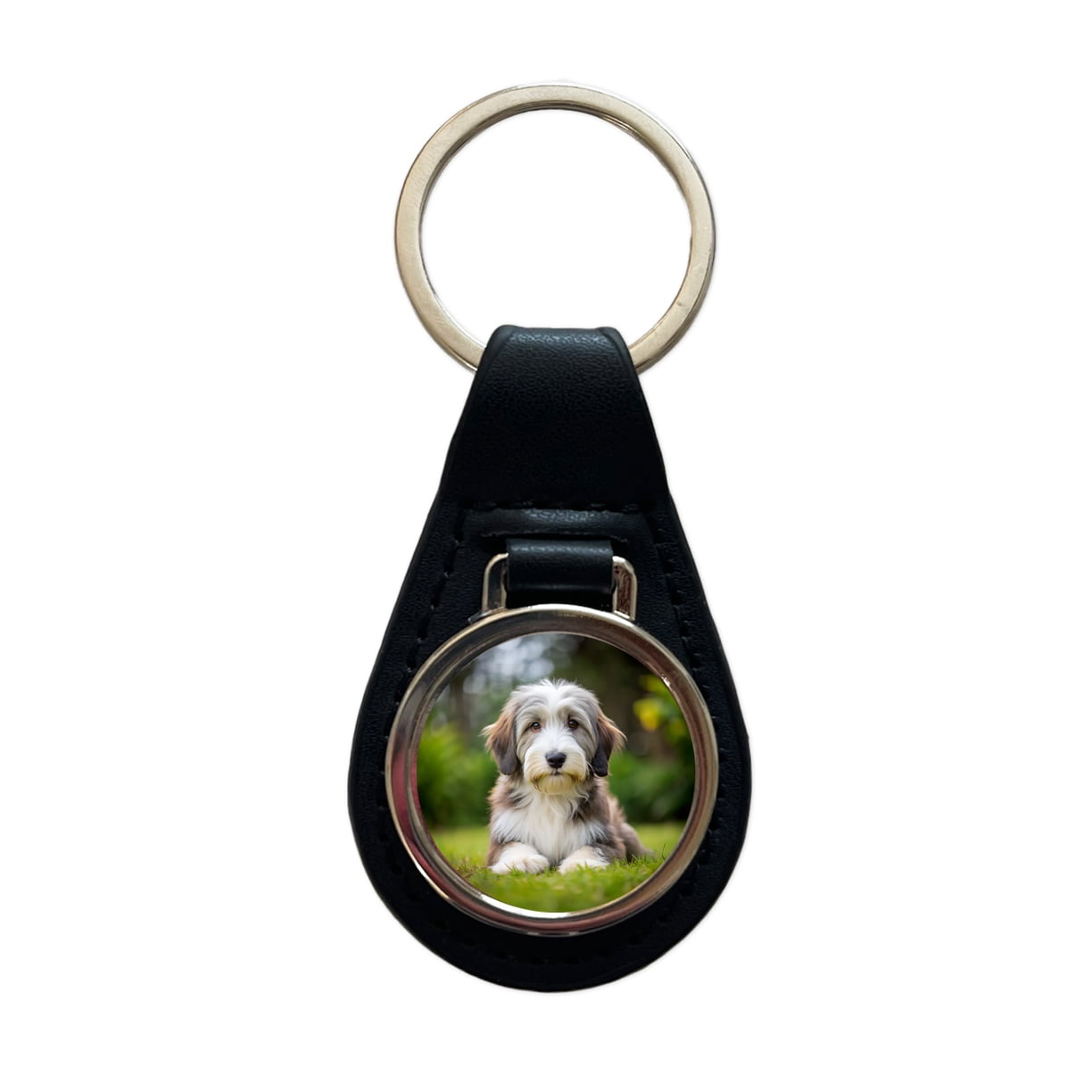 Bearded Collie Dog Puppy Photo Metal Black Leather Keychain - Walmart.com