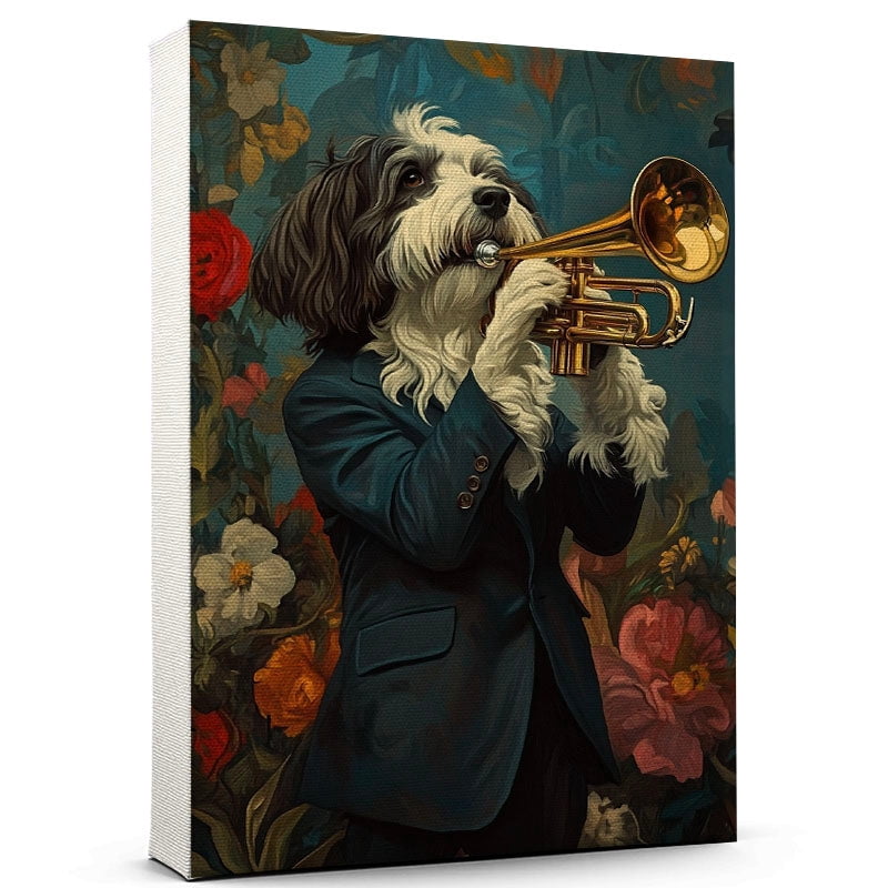 Bearded Collie Vintage Dog Trumpet Canvas – Artistic Music, Bearded ...