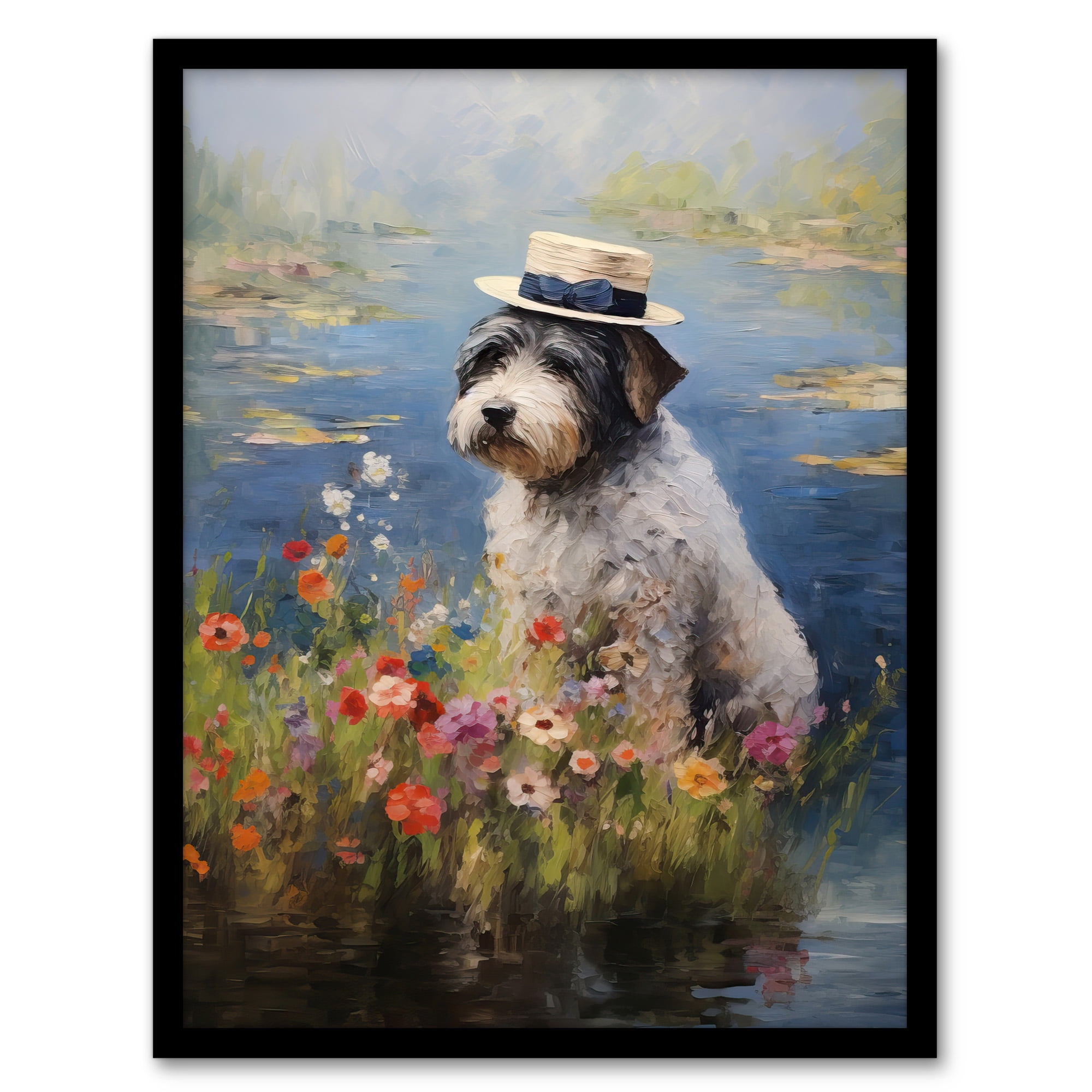 Bearded Collie Wearing Hat Claude Monet Style Dog Oil Painting Artwork ...