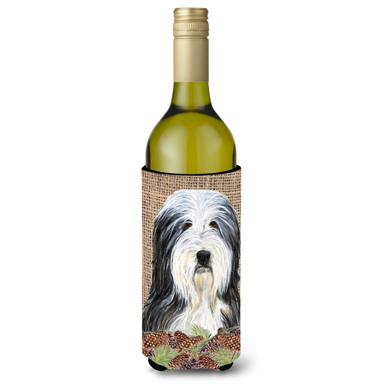 Bearded Collie on Faux Burlap with Pine Cones Wine Bottle Hugger ...