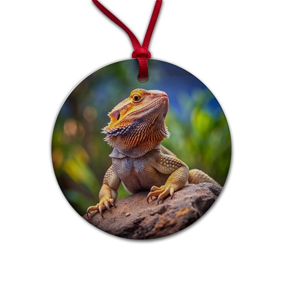Bearded Dragon Lizard Reptile On Rock Christmas Tree Holiday Round ...