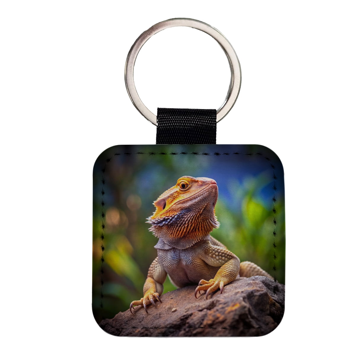 Bearded Dragon Lizard Reptile On Rock Faux Leather Square Keychain ...