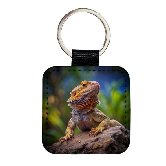 Bearded Dragon Lizard Reptile On Rock Faux Leather Square Keychain ...