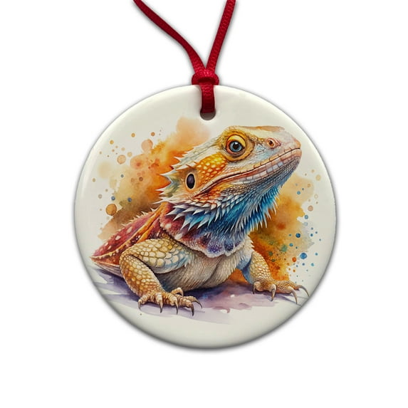 Bearded Dragon Lizard Reptile Watercolor Christmas Tree Holiday Round ...