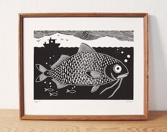 Beardfish Â· Original Linocut Â· Limited Edition Print Poster , Poster ...