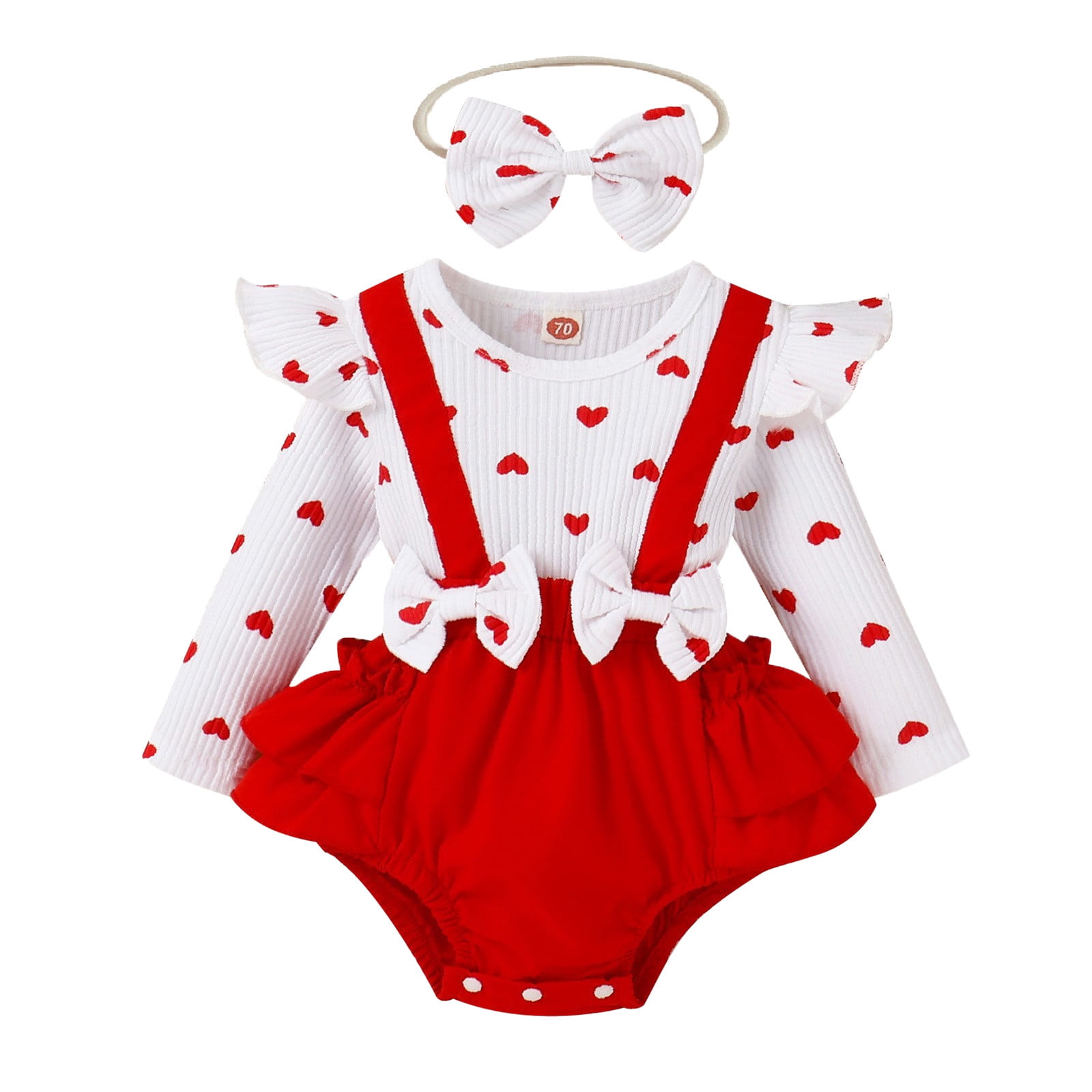 Bearichfupo Infant Girls Valentine's Day Long Sleeve Ribbed Hearts Printed Ruffles Romper ...