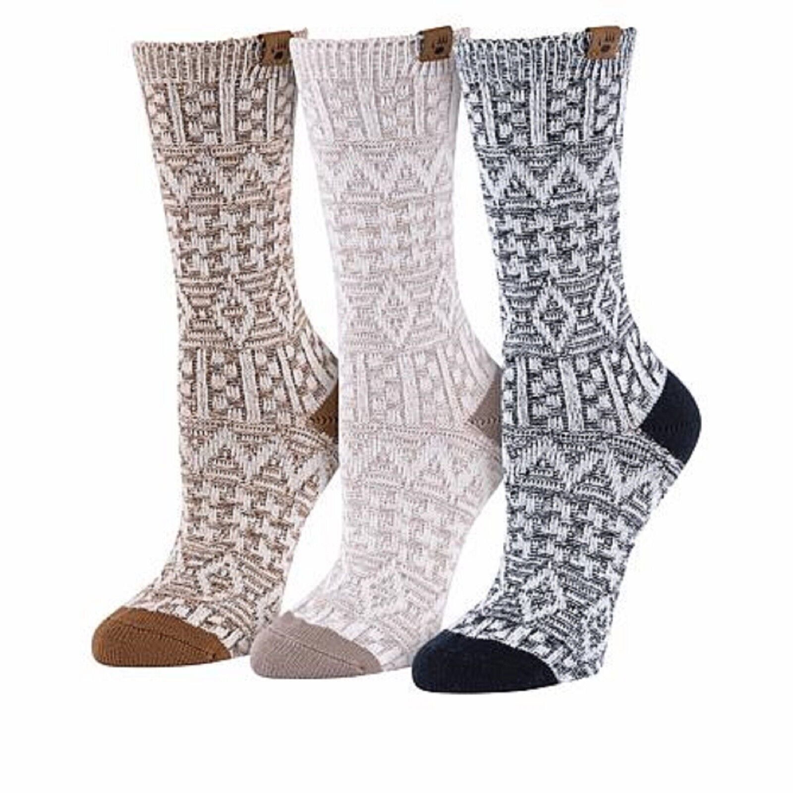 Bearpaw Womens Crew Socks Aztec Jacquard Black Taupe Hickory Brown (3 Pair) - Walmart.com